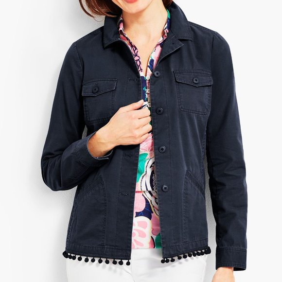 Talbots | Jackets & Coats | Talbots Petite Pom Pom Twill Cargo Jacket Navy | Poshmark